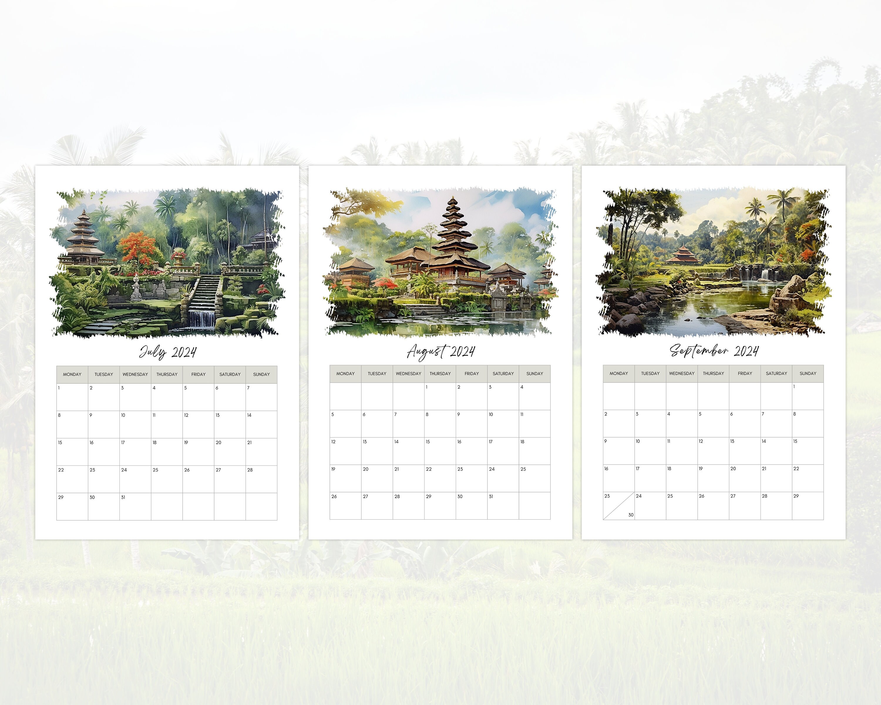 Printable Calendar 2024 Inspired by Bali, Digital Calendar, Wall ...