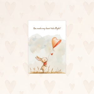 Printable Card With Rabbit and Kite, Love Card, Digital Card, Romantic ...