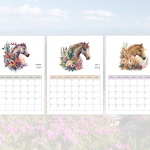 Printable Monthly Calendar 2024 With Floral Boho Horses, Wall Calendar ...
