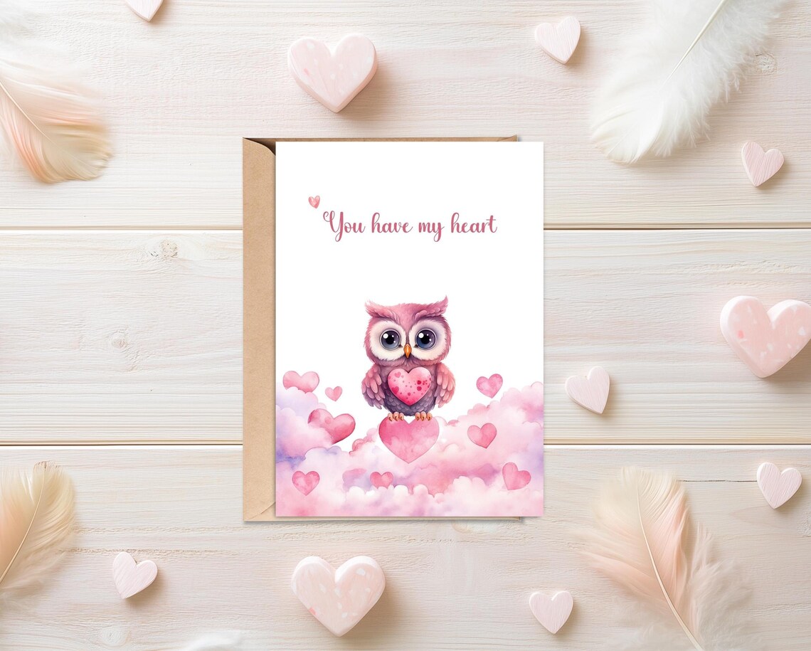 Printable Love Greeting Card With Cute Love Owl on Clouds, Digital Card ...