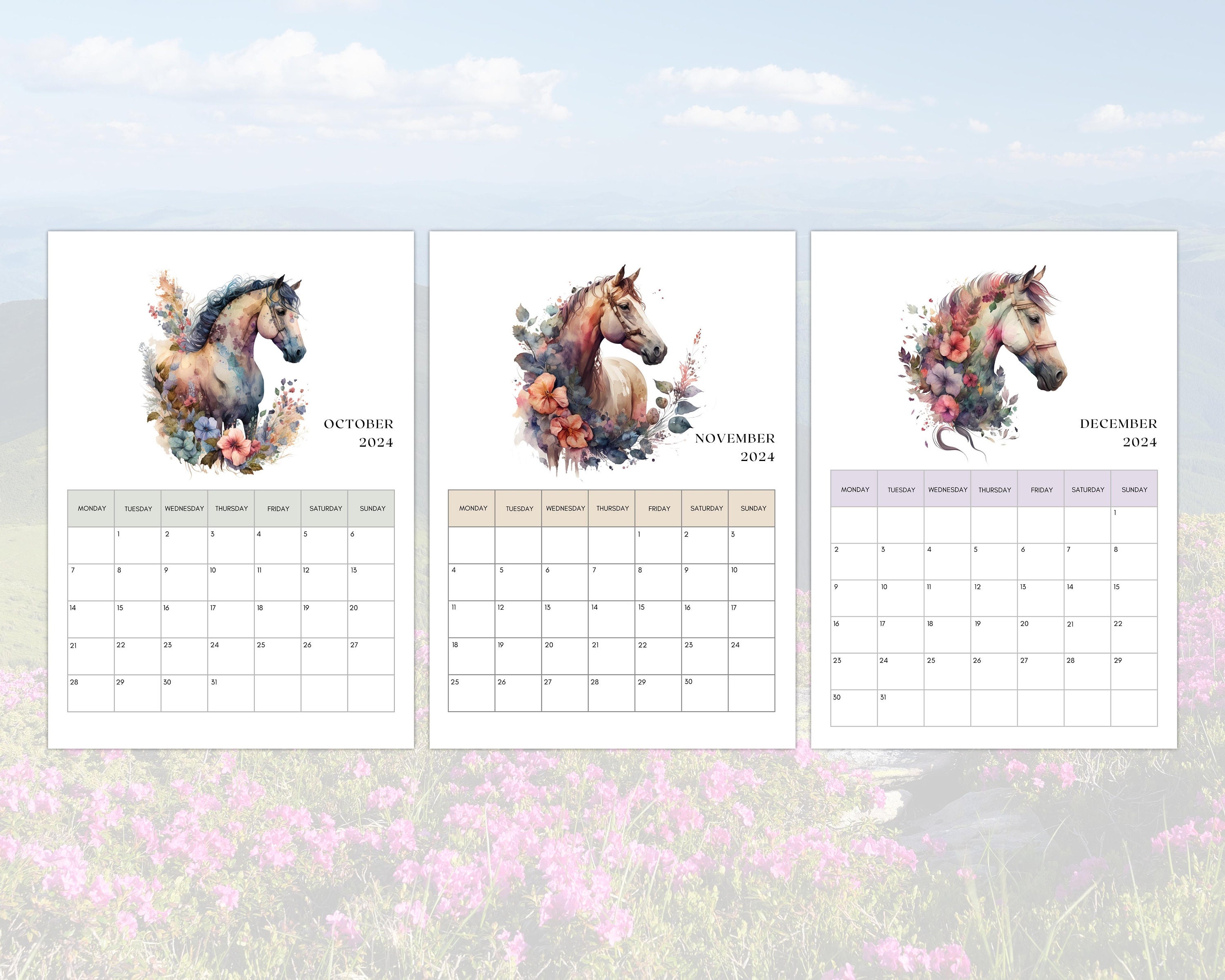 Printable Monthly Calendar 2024 With Watercolored Floral Horses ...