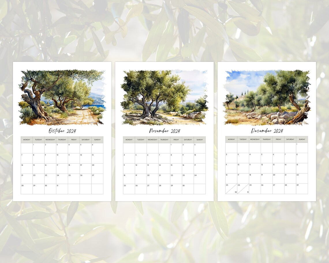 Printable 2024 Calendar With Mediterranean Landscapes and Olive Trees ...