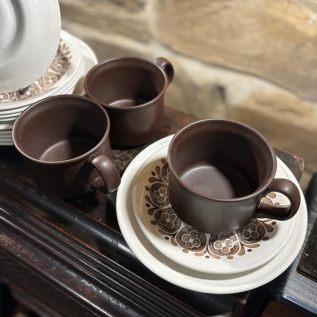 Vintage 70s Tea Cup, Saucer and Side Plate Trio in Brown & White Retro ...