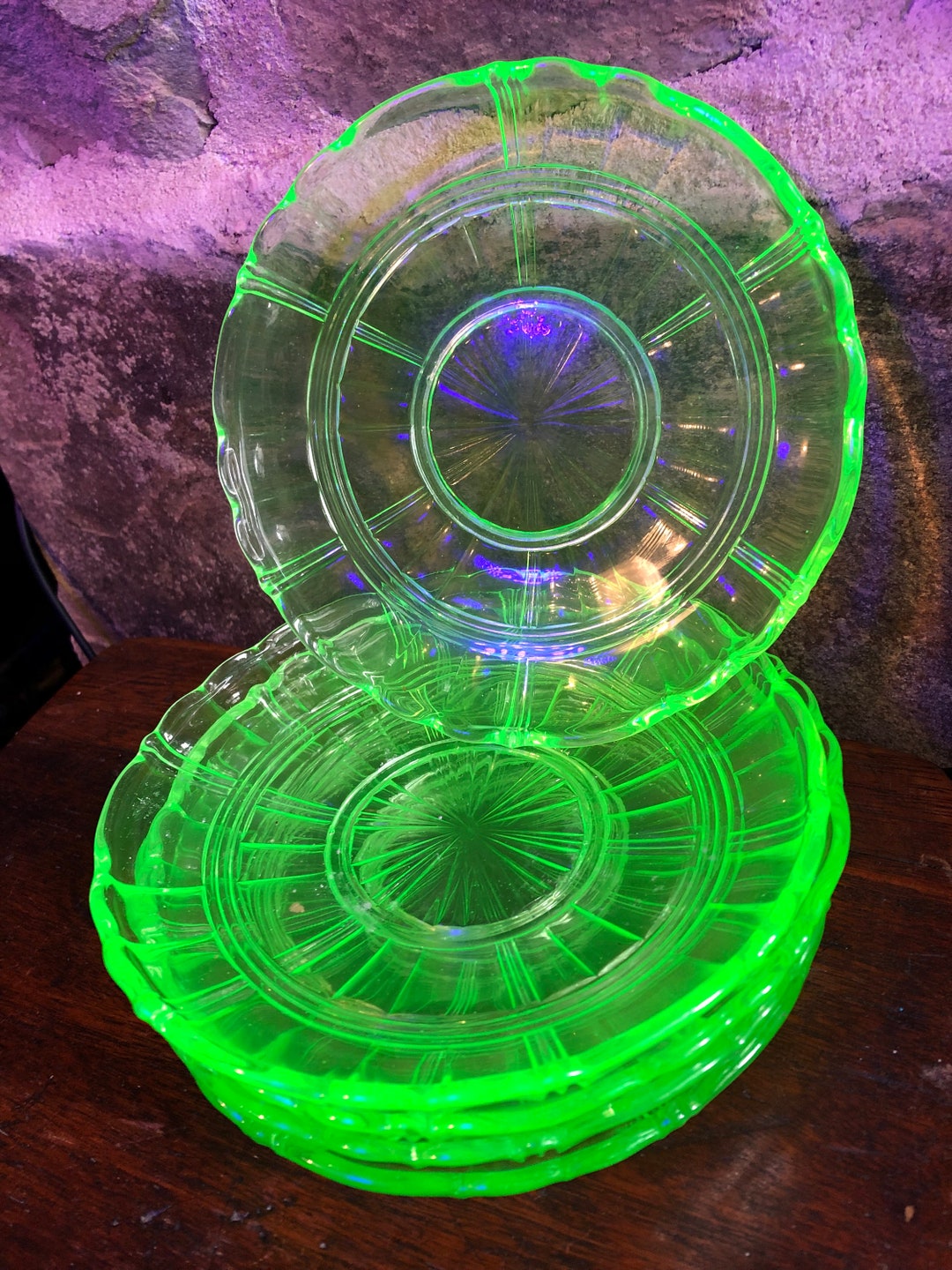 Vintage Uranium Glass 6" Side Plate Art Deco Green Concentric Rings and ...