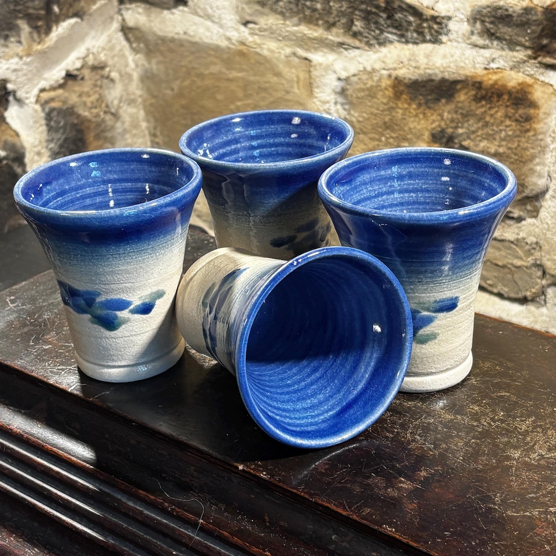 Four Vintage Small Blue Beakers by Marius Roux, Trecarne Cornwall ...