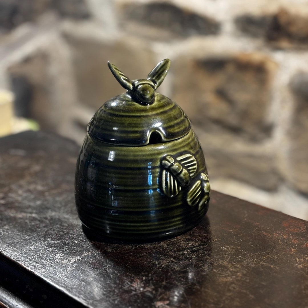 Vintage Bee Honey Pot in Green Glaze, Traditional Classic Beehive Shape ...