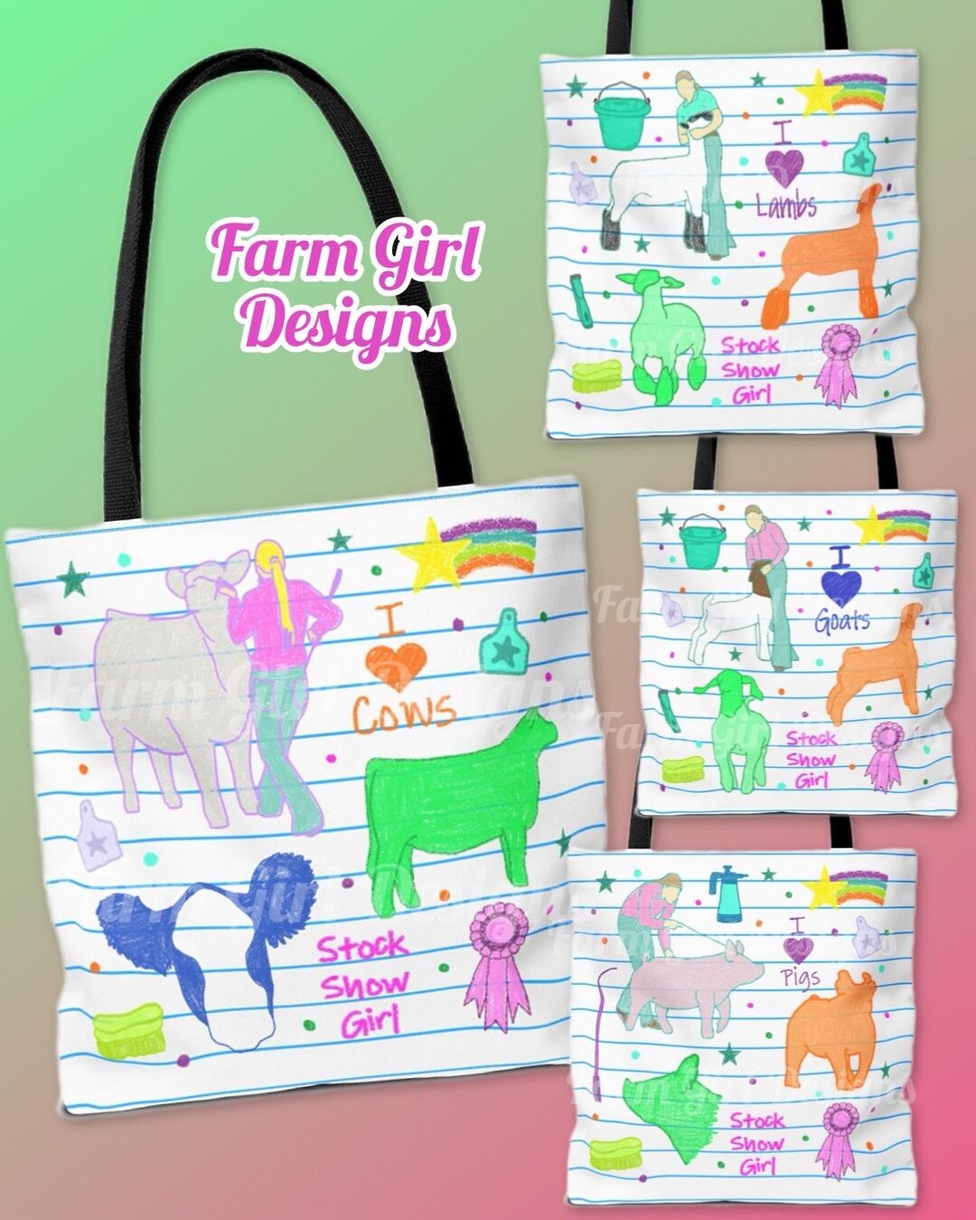 Livestock Stock Show Girl "crayon Doodles" Tote Bag | Cattle | Pig ...