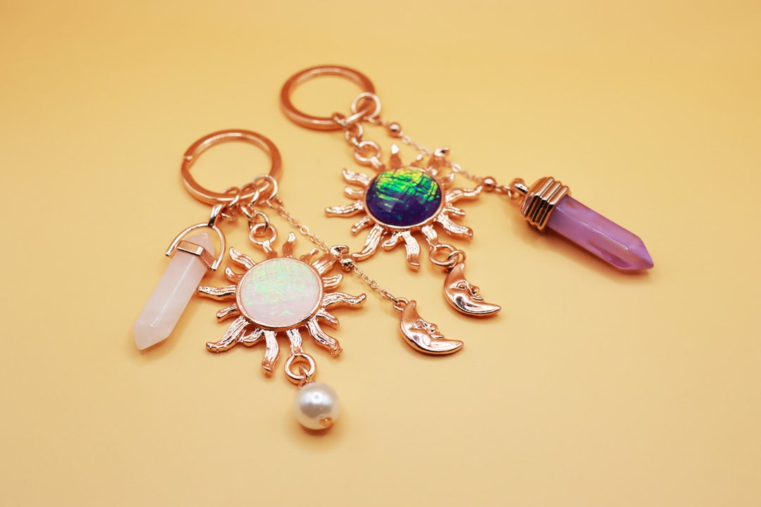 Custom Sun and Moon Metal Keychain | Rose Quartz Natural Stone Keychain ...