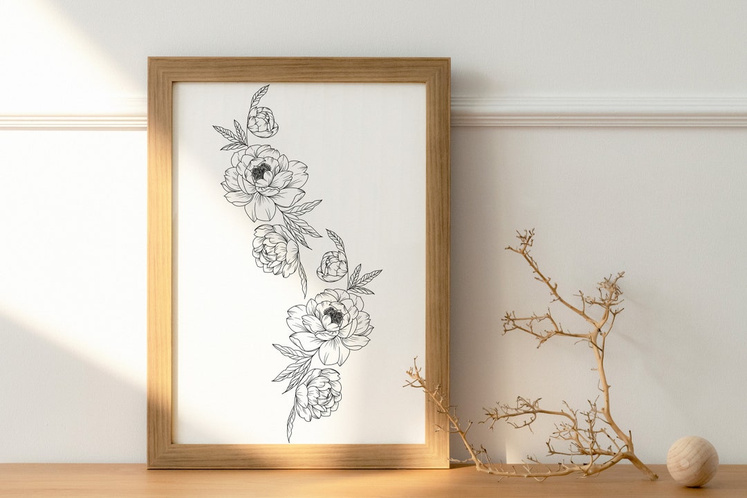 6 Peonies Outline Artwork | Peony Digital Drawing | Peony Fine Line Art ...