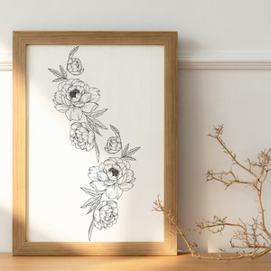 6 Peonies Outline Artwork | Peony Digital Drawing | Peony Fine Line Art ...