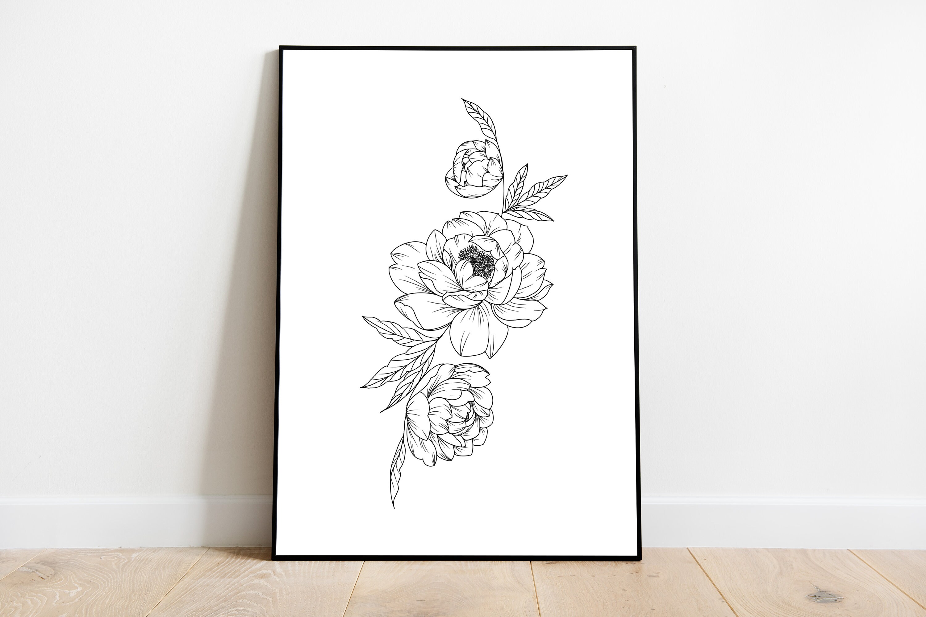 3 Peonies Outline Artwork | Peony Digital Drawing | Peony Fine Line Art ...