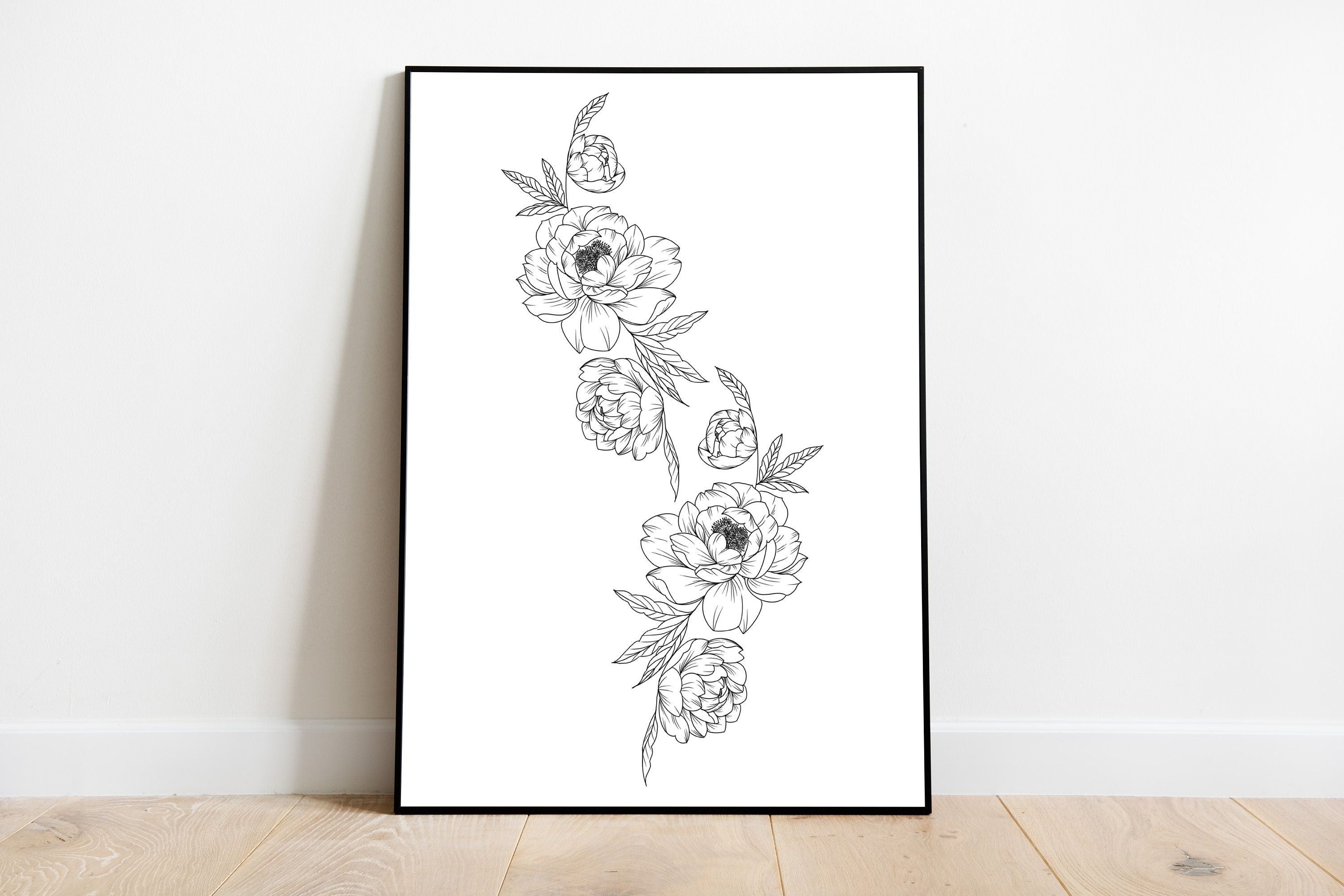 6 Peonies Outline Artwork | Peony Digital Drawing | Peony Fine Line Art ...