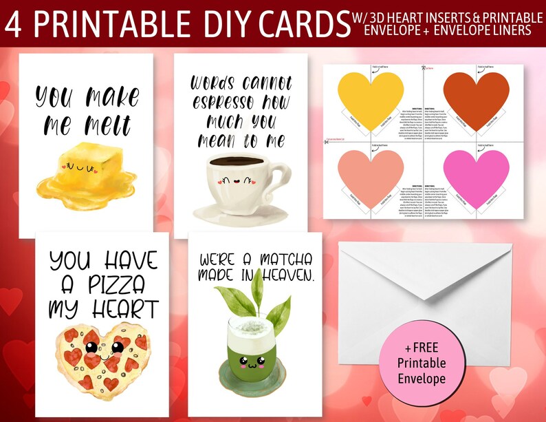 Valentine's Day Cards Instant Download, Kawaii Food Pun DIY Cards ...