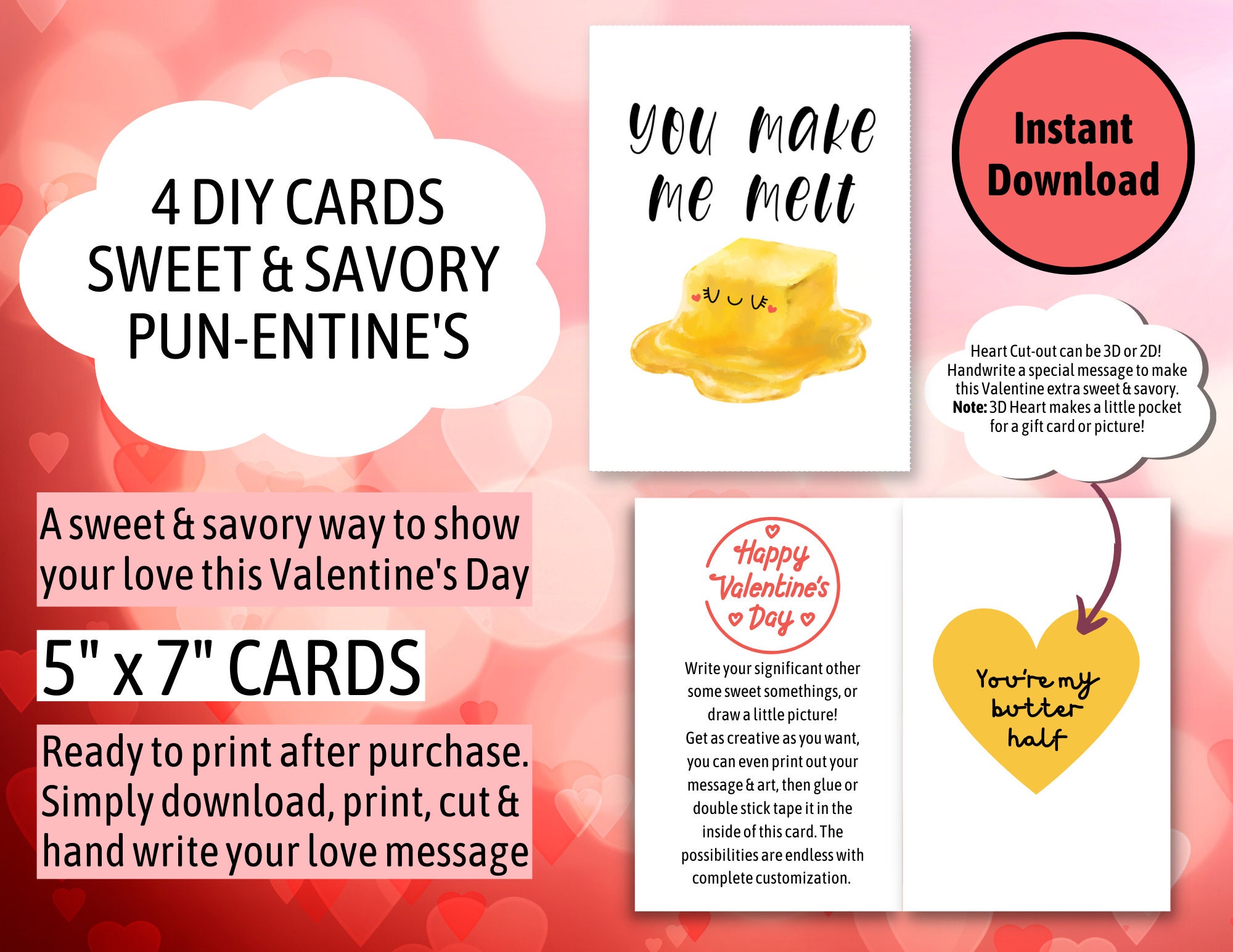 Valentine's Day Cards Instant Download, Kawaii Food Pun DIY Cards ...
