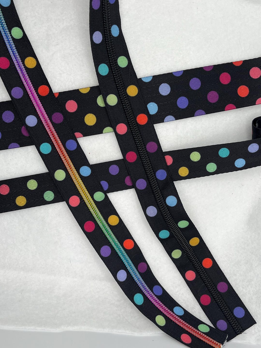 Rainbow Polka Dots on Black With Black Teeth #5 Nylon Coil BTY Easy to ...
