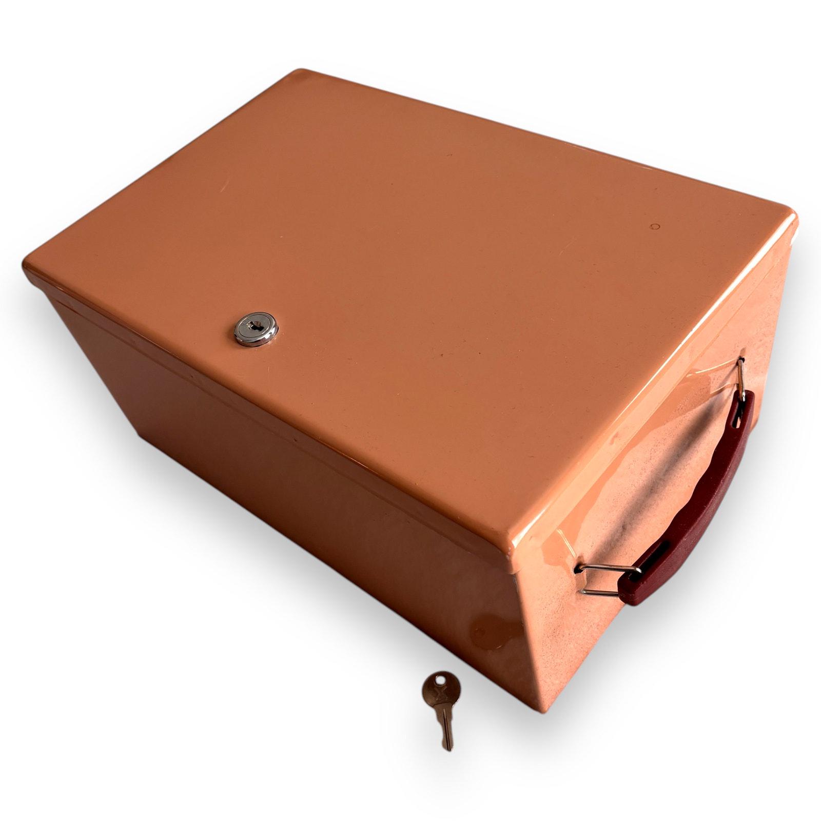 Vintage Metal Lock Box Safe W/ Handles & Key 14x9x6 Brown Tan 10.5 Lbs ...