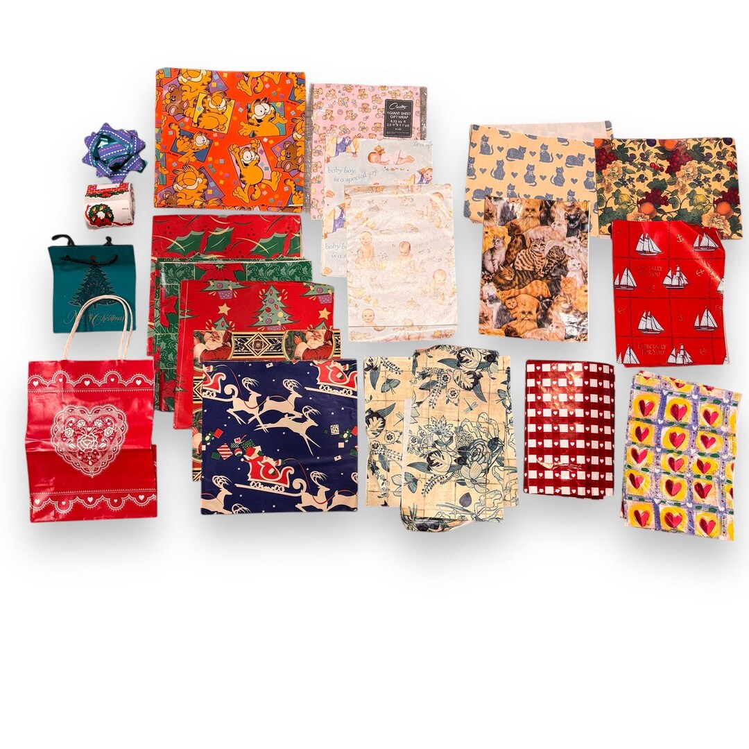 Vtg 80s Gift Wrap Wrapping Paper Gift Bags Ribbon Christmas Baby Shower ...