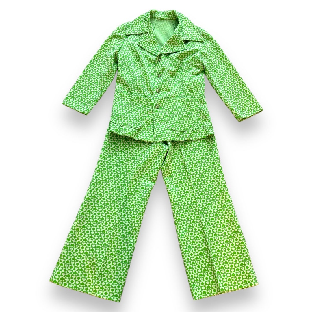 Vtg 60s Lime Green Card Pips Matching Set Leisure Suit Jacket Pants ...