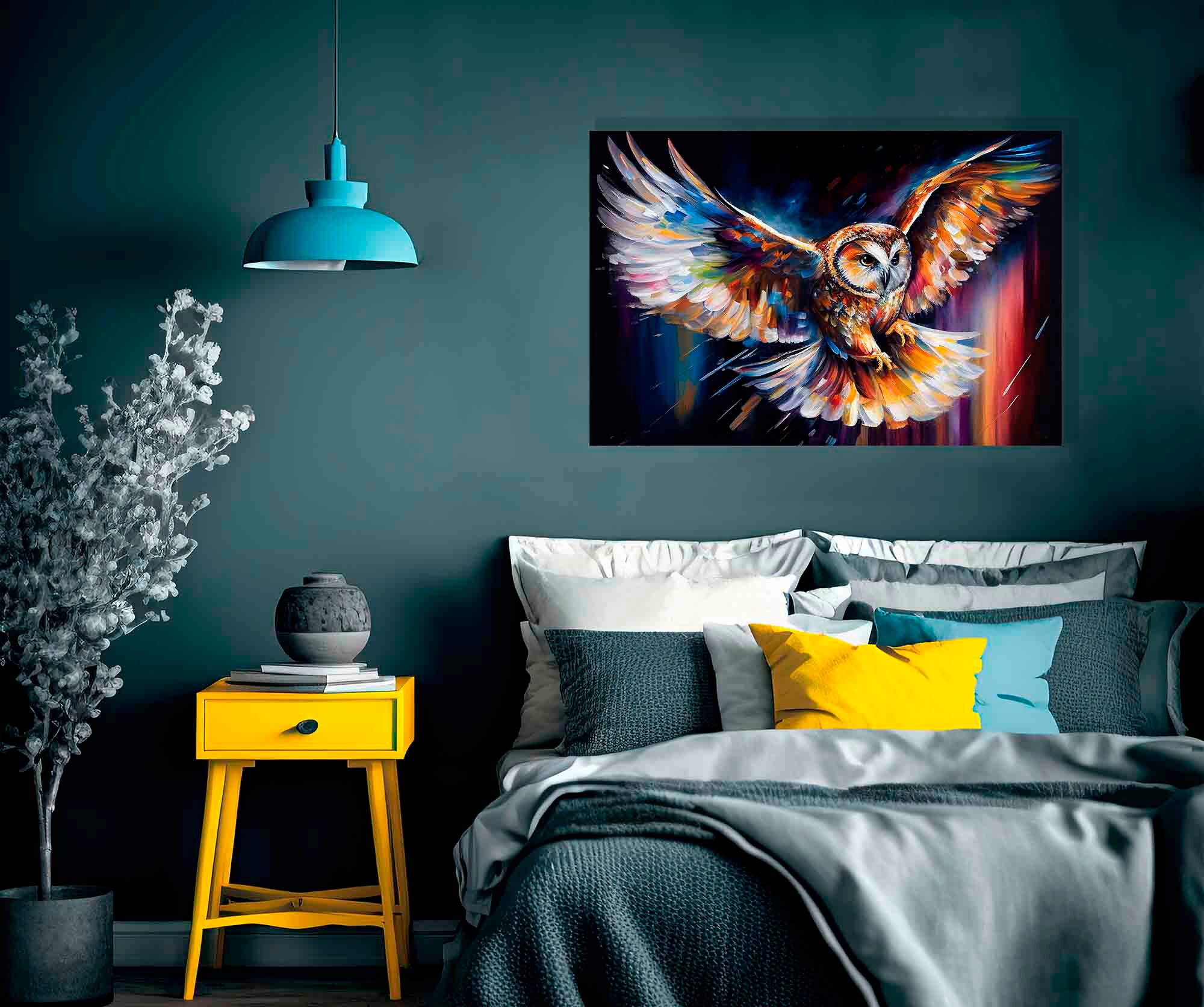 Artley Prints - Pouncing Owl Colourful Canvas Wall Art Abstract Prints ...