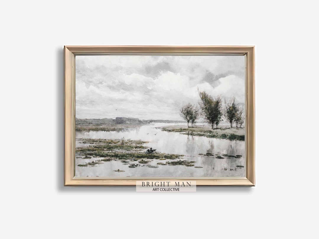 Rustic Lake Water Colors Landscape Painting Vintage Fall Mountain Art ...