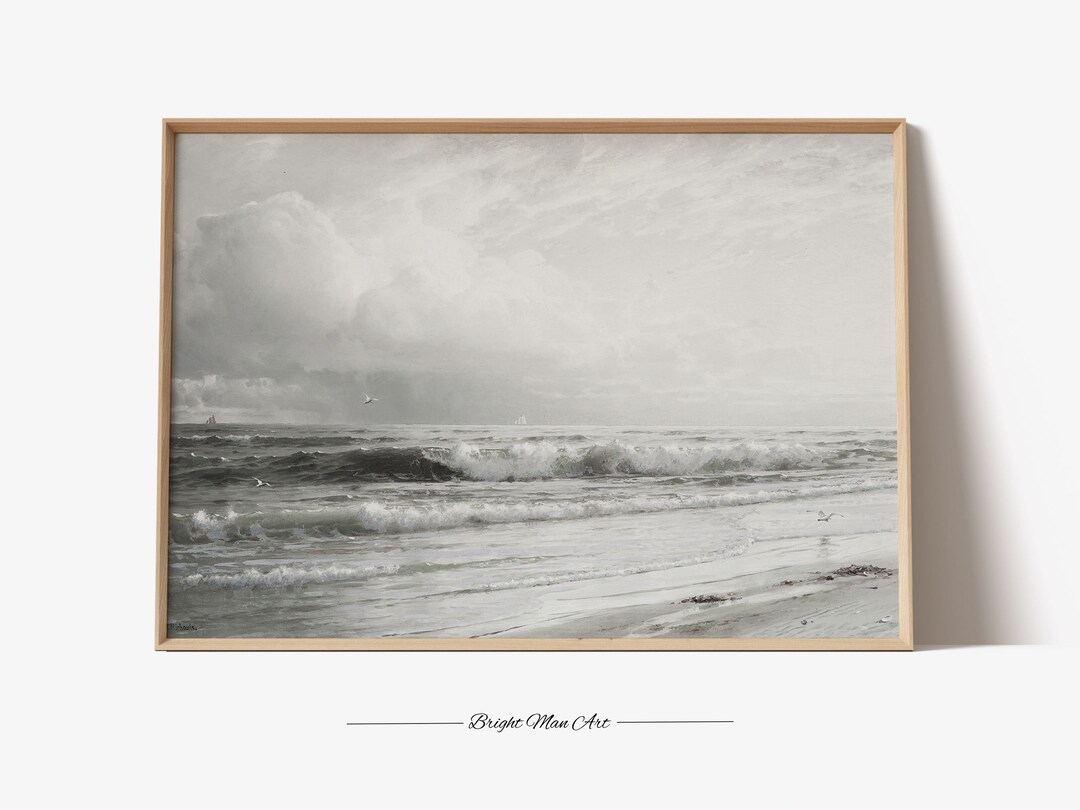 Vintage Seascape Coastal Oil Painting Dark Moody Green Blue Ocean ...