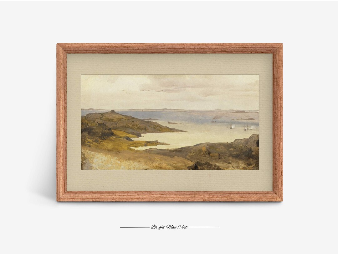 Rustic Coastal Print Vintage Seascape Scenery Painting Warm Brown Tones ...