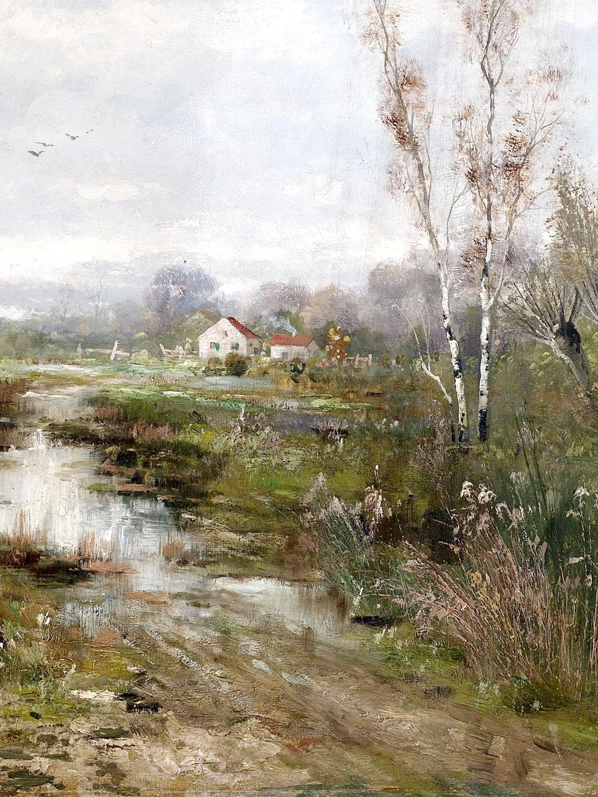 Rustic Lake Water Colors Landscape Painting Vintage Fall Village Art ...
