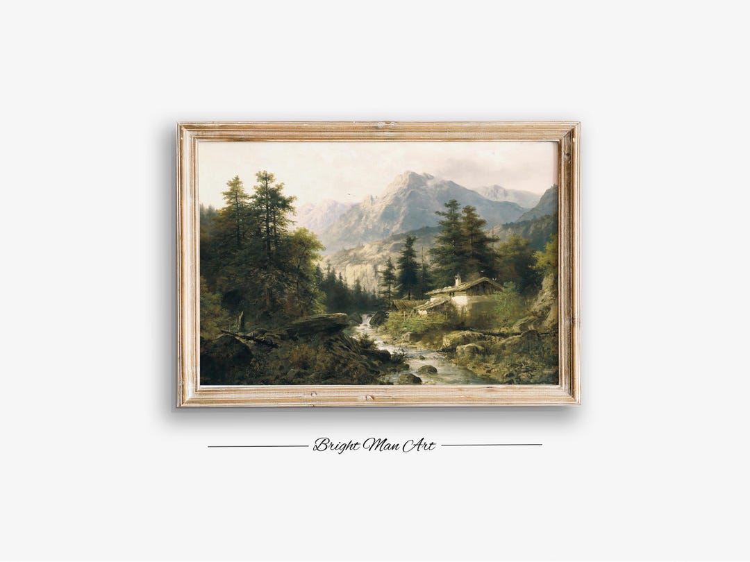 Vintage Mountain Cottage Oil Painting: Country Landscape Art (digital ...