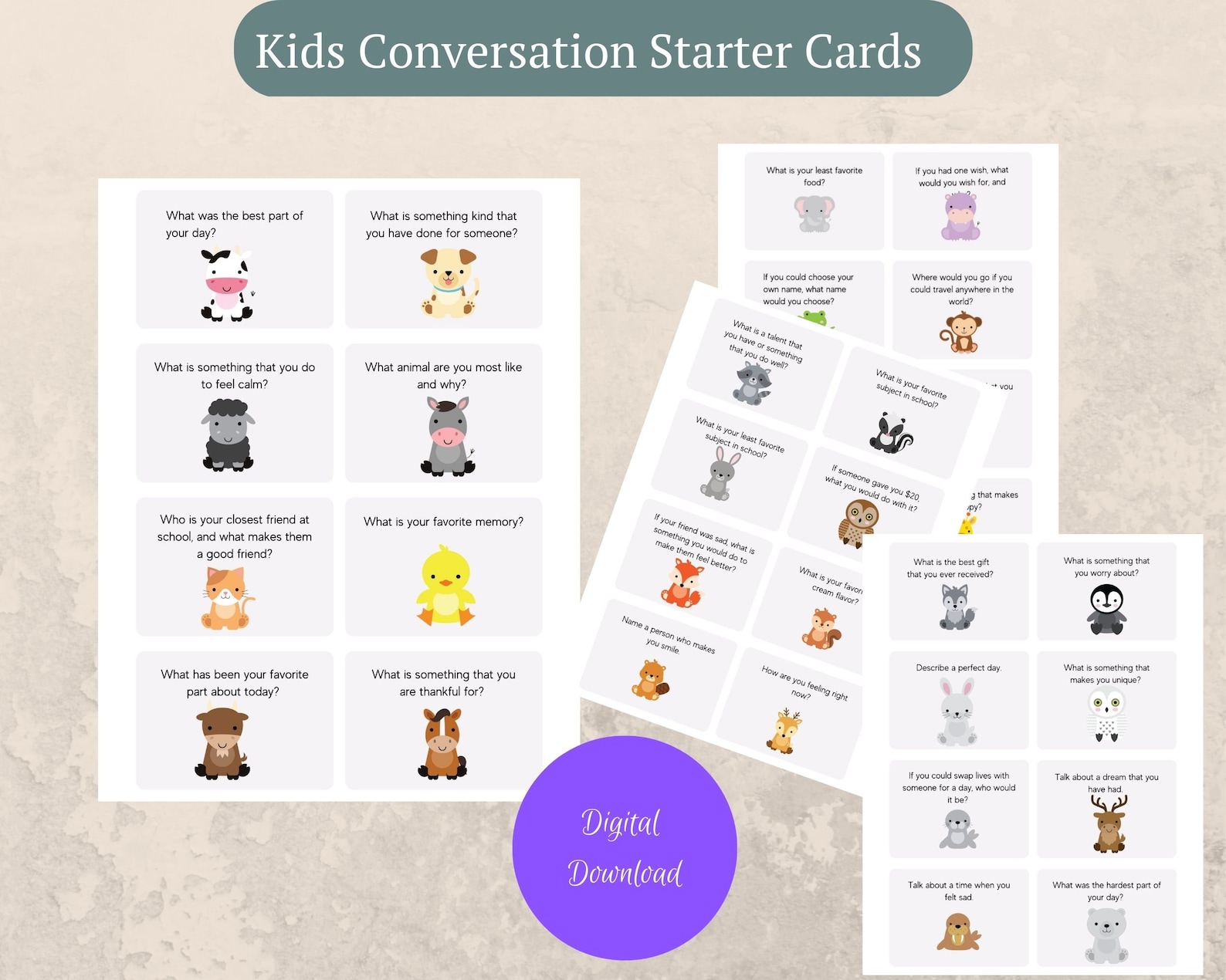 Kids Conversation Cards, Set of 56, Printable, Animal Theme - Etsy