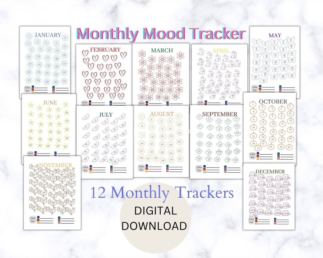 Mood Tracker, Printable, 12 Month Bundle, A4, A5, Chart, Bullet ...