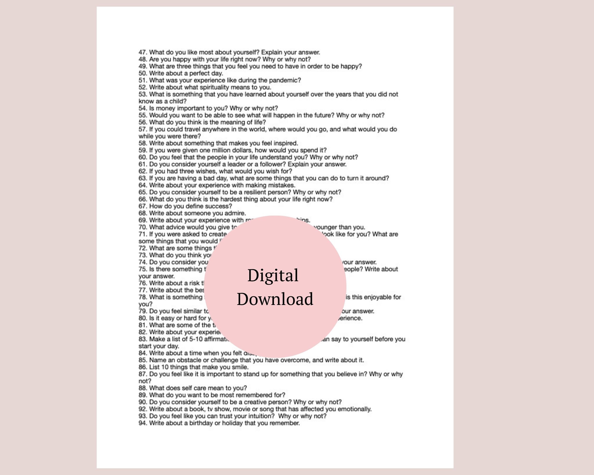 Journal Prompts, List of 100, Deep Topics, Printable - Etsy