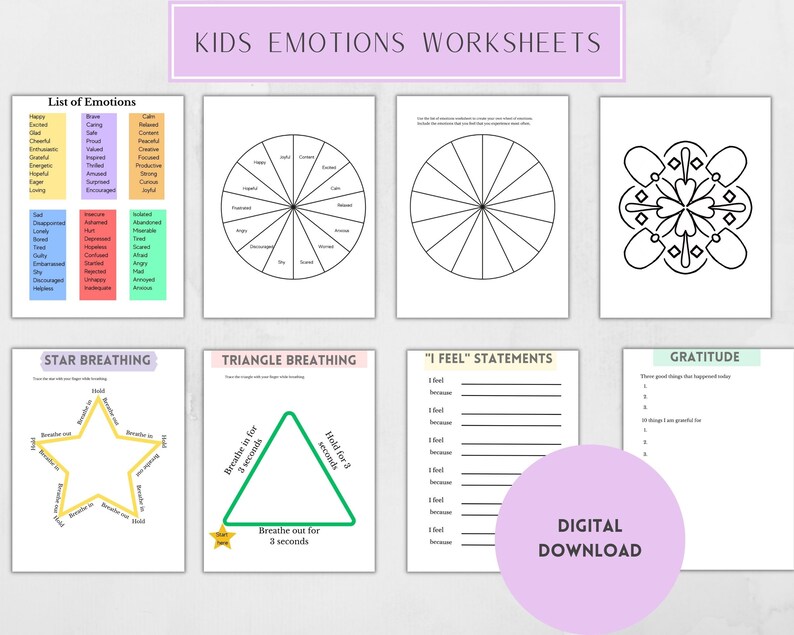 Kids Emotions Worksheets, Printable, Identifying Emotions, Breathing ...