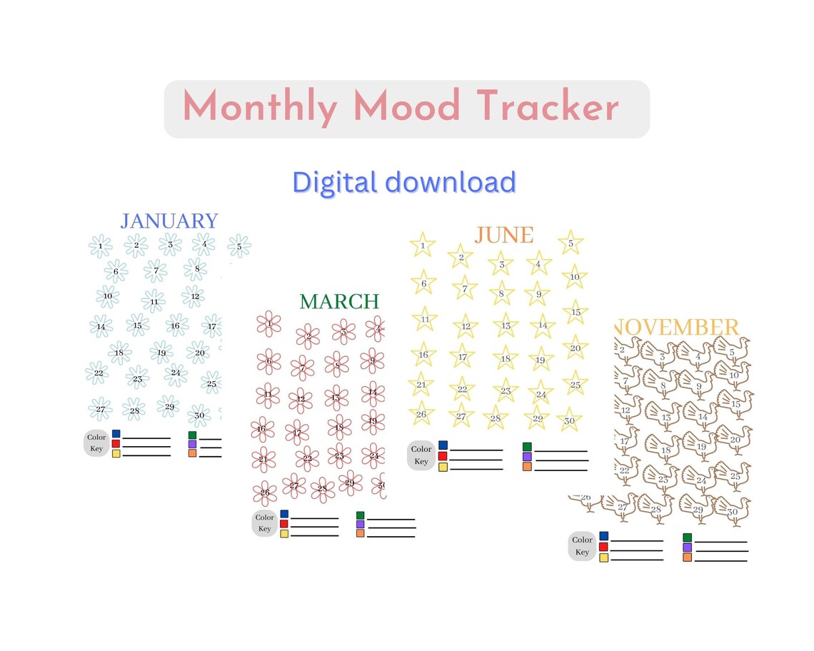Mood Tracker, Printable, 12 Month Bundle, A4, A5, Chart, Bullet ...