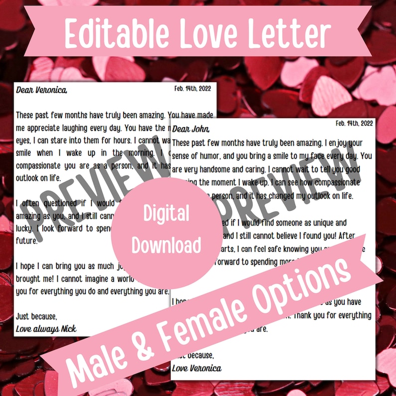 Editable Male or Female Love Letter- Printable, Editable, or Digital ...