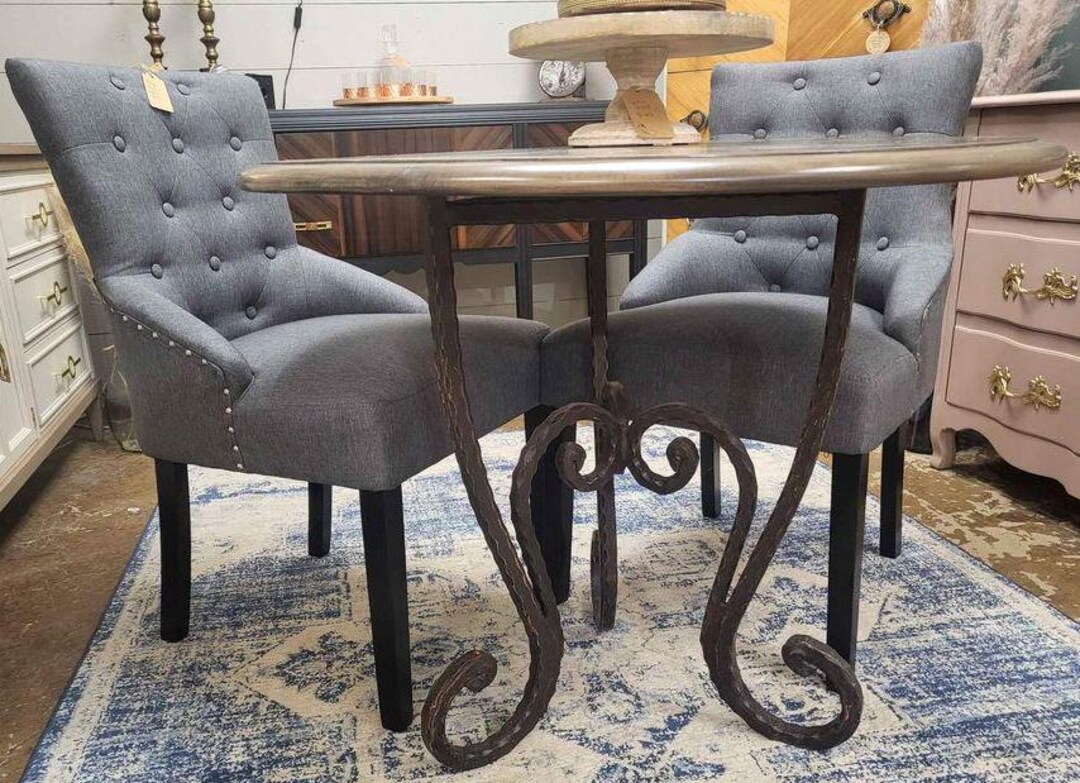Italian Bistro Table With Wrought Iron Base and 2 Upholstered Chairs - Etsy