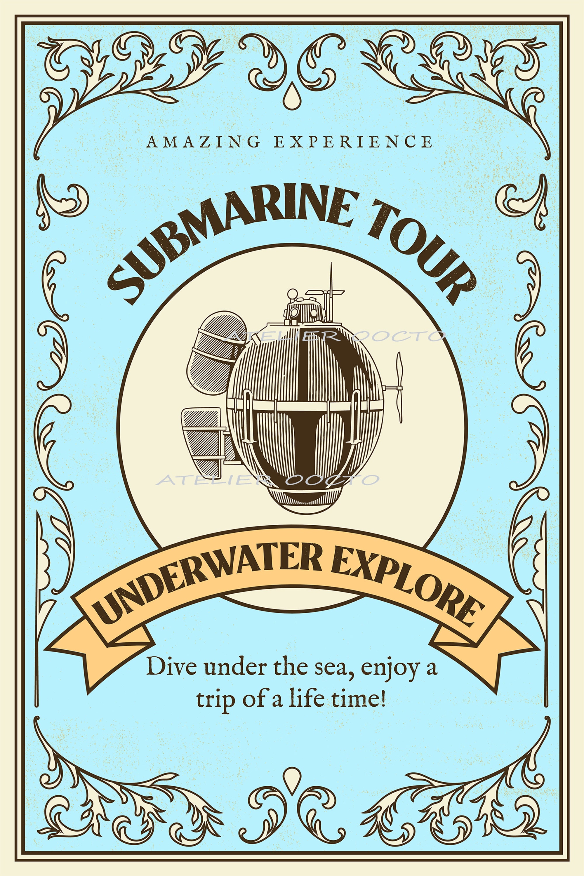 Retro Submarine Printable Art Poster, Digital Art Download, Retro ...