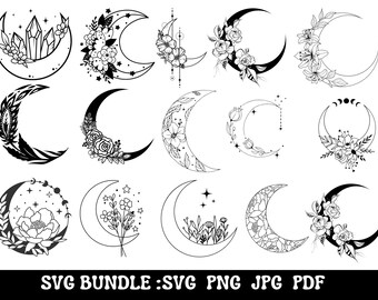 Moon SVG Bundle, Floral Moon Svg, Mystic Celestial Svg, Moon and Stars ...