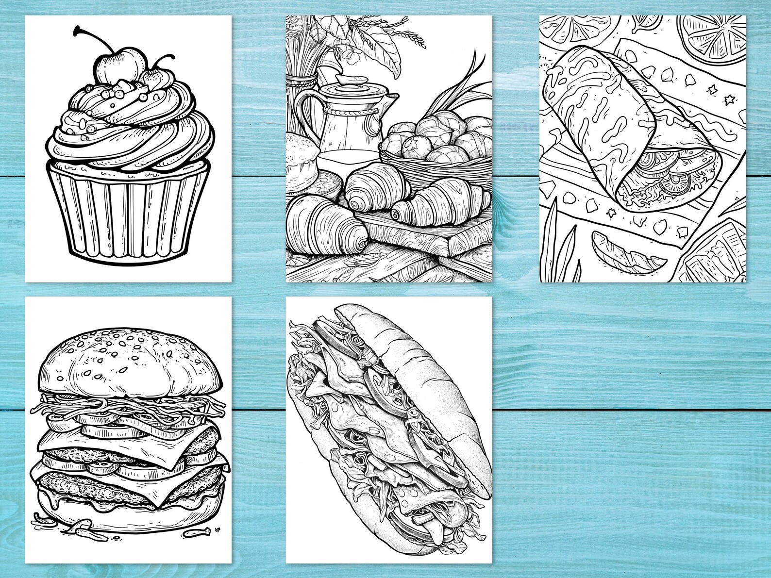 Food Coloring Book, 35 Printable Cookery Pages for Adults and Kids ...