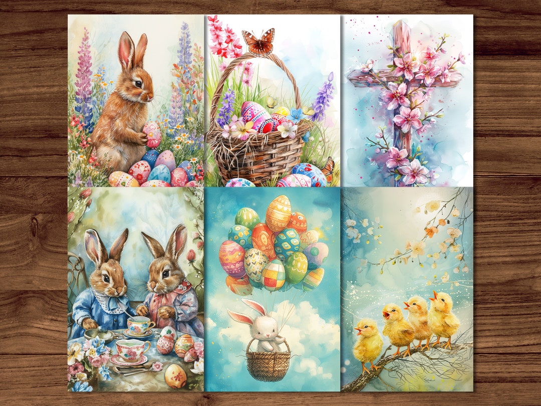 Easter Postcards, 6 Cards Digital Download, Easter Bunny Postcards ...