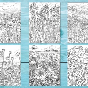 Floral Fields Coloring Pages, 32 Printable Landscape Coloring Book for ...