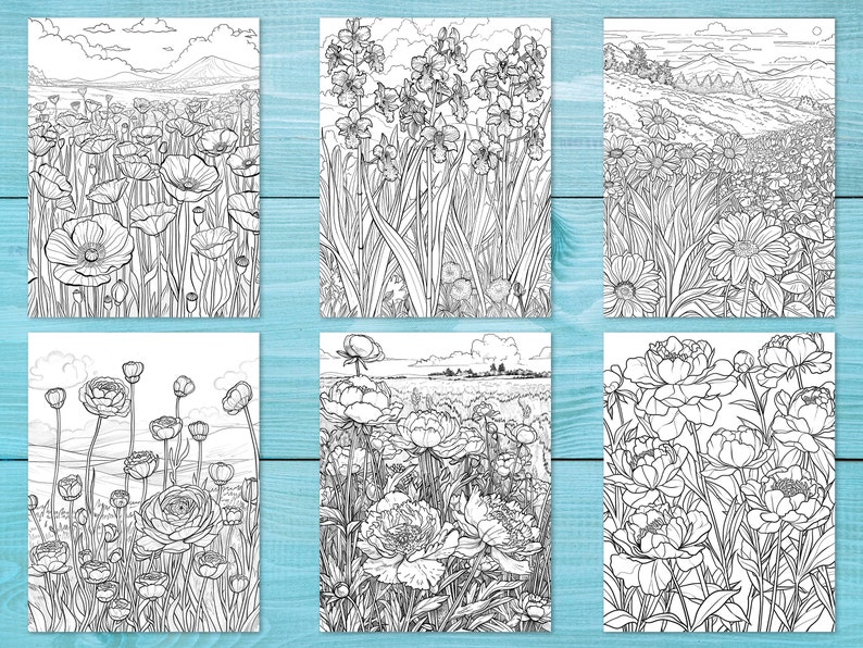 Floral Fields Coloring Pages, 32 Printable Landscape Coloring Book for ...