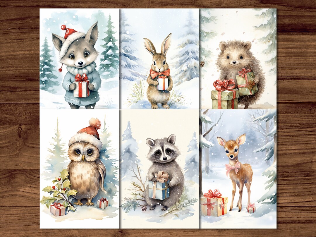 Animals in Winter Forest Postcards, 6 Printable Christmas Postcard ...