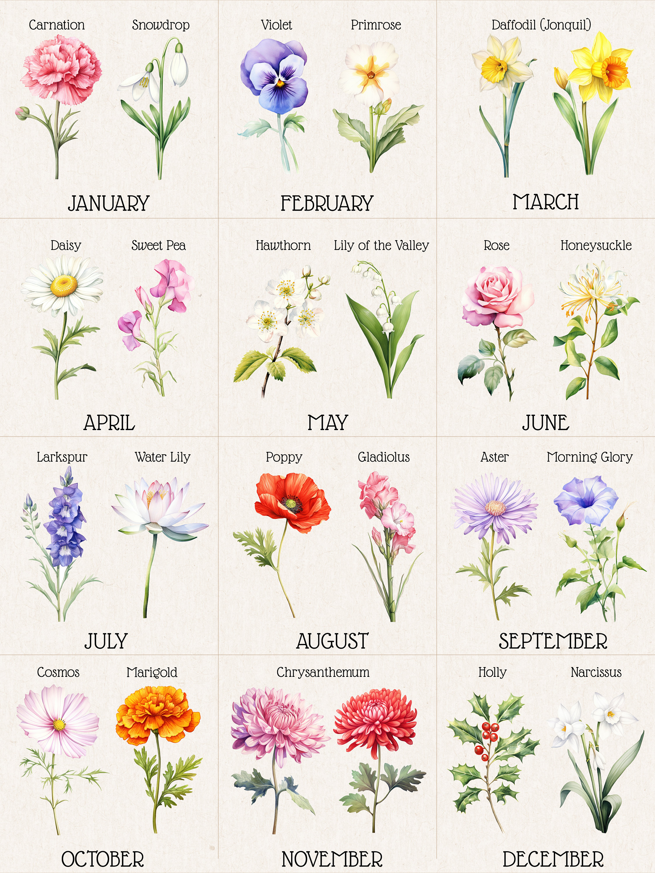 Birth Flower Family Bouquet Digital Download Printable Custom Birth ...