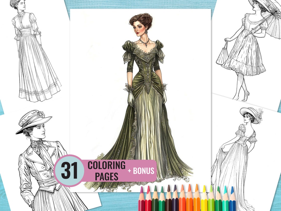 Women's Outfits 1900s Coloring Book, 31 Printable Fashion Pages for ...