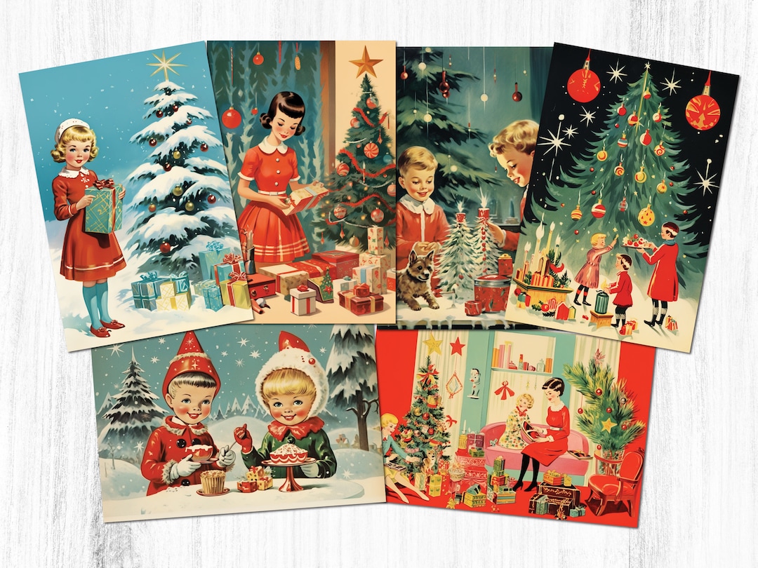Vintage Christmas Postcards, 6 Printable Postcard Digital Download, 60s ...