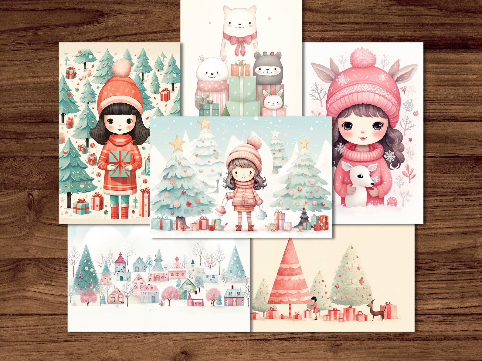 Kawaii Christmas Postcards, 6 Printable Winter Postcard Digital ...