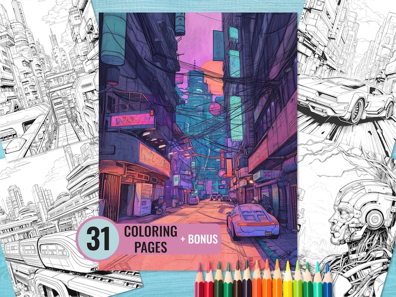Cyberpunk Coloring Book, 31 Printable Fantastic Pages for Adults and ...