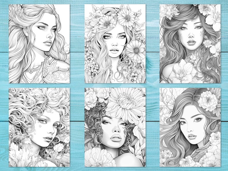 Female Portrait Coloring Book, 28 Printable Floral Woman Pages for ...