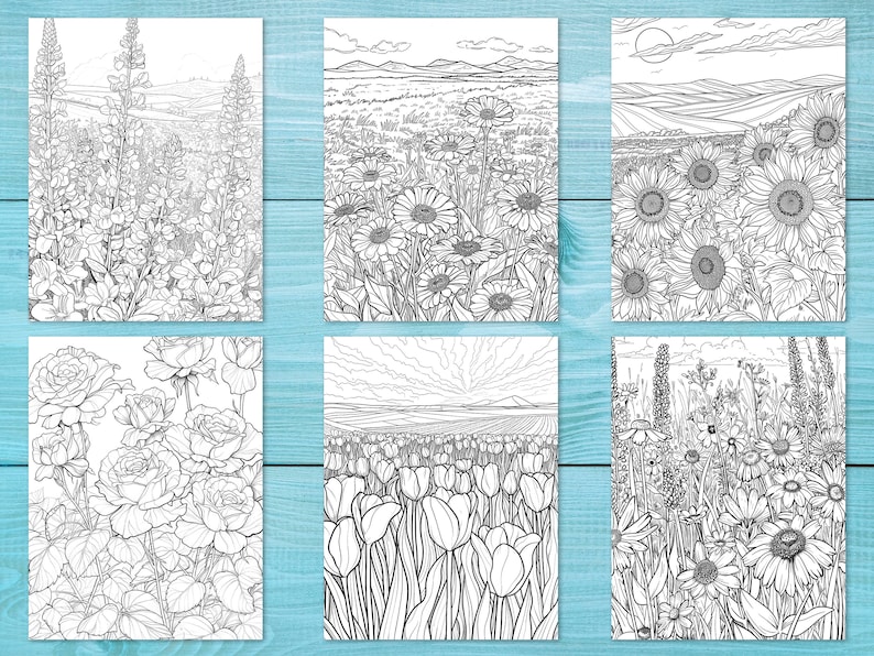 Floral Fields Coloring Pages, 32 Printable Landscape Coloring Book for ...