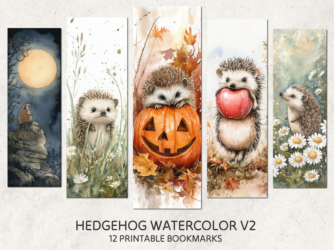 Hedgehog Watercolor Bookmarks | 12 Cute Printable Bookmark | Digital ...